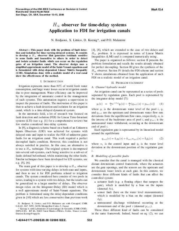 (PDF) H infinity observer for time-delay systems. Application to FDI for irrigation canals