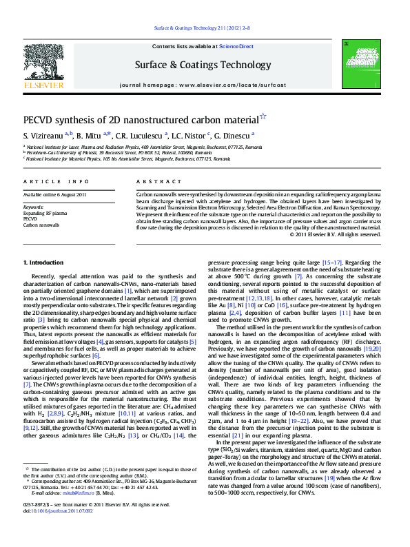 (PDF) PECVD synthesis of 2D nanostructured carbon material