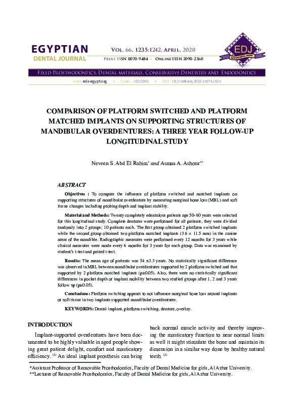 Pdf Comparison Of Platform Switched And Platform Matched Implants On Supporting Structures Of