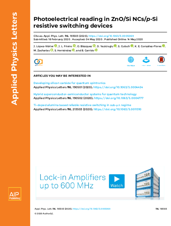 (PDF) Photoelectrical reading in ZnO/Si NCs/p-Si resistive switching devices