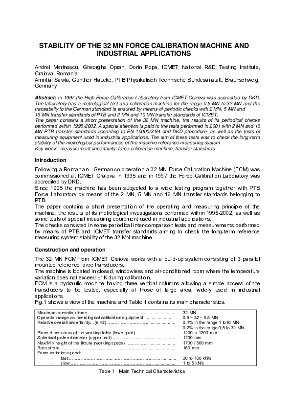 (PDF) Stability of the 32 MN Force Calibration Machine and Industrial ...