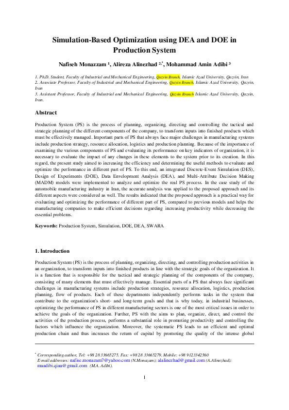 Pdf Optimizing Production Systems Via Simulation And Dea