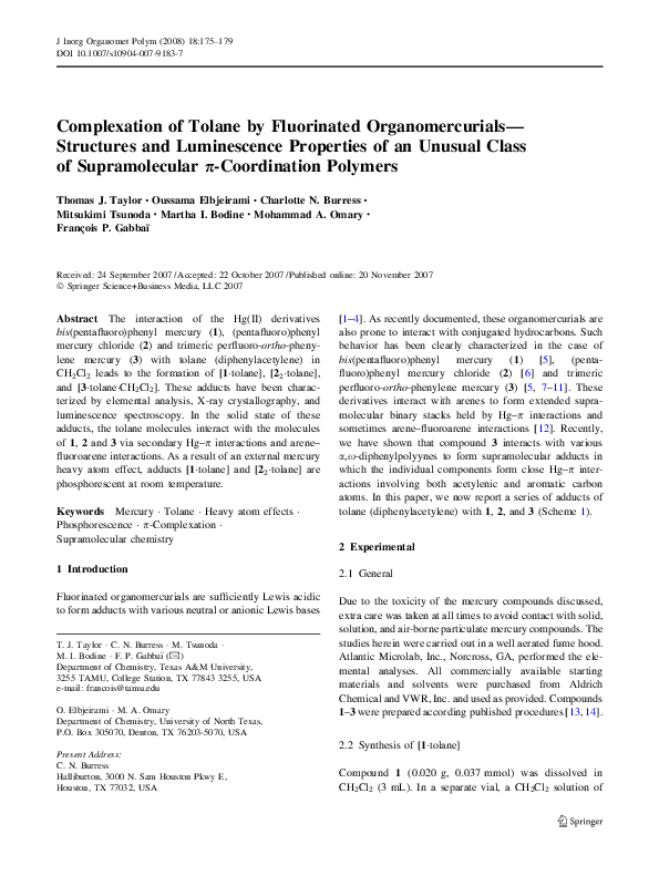 (PDF) Complexation of tolane by fluorinated organomercurials-structures ...