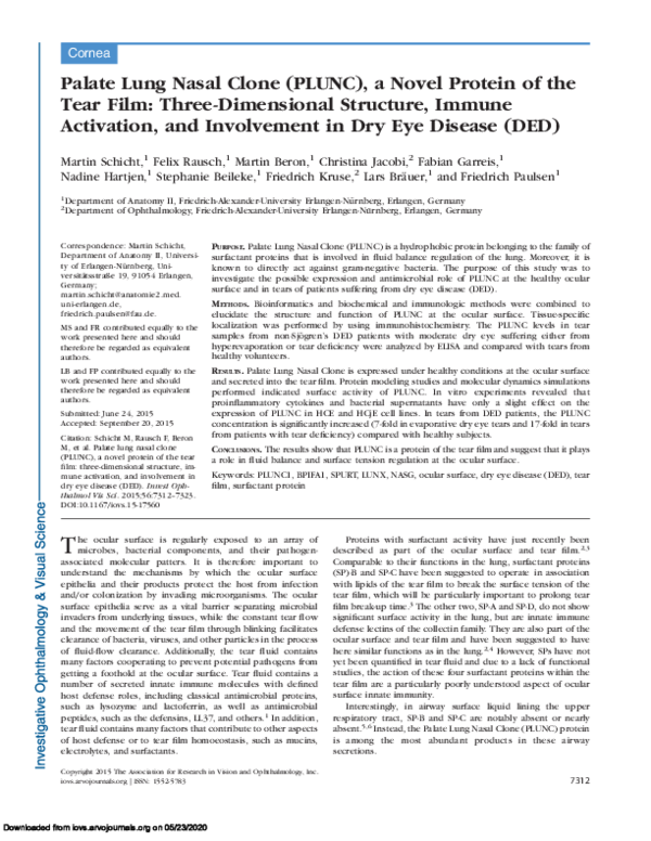 (PDF) Palate Lung Nasal Clone (PLUNC), a Novel Protein of the Tear Film ...