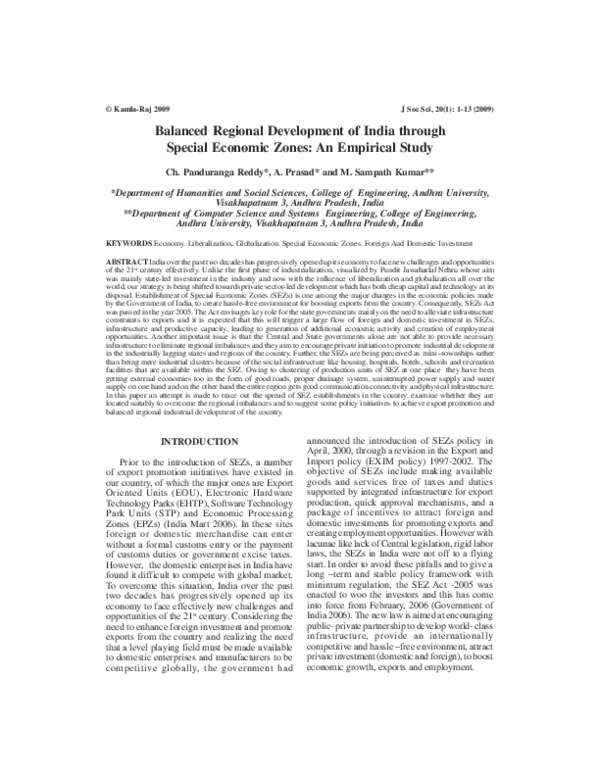 (PDF) Balanced Regional Development of India through Special Economic Zones: An Empirical Study