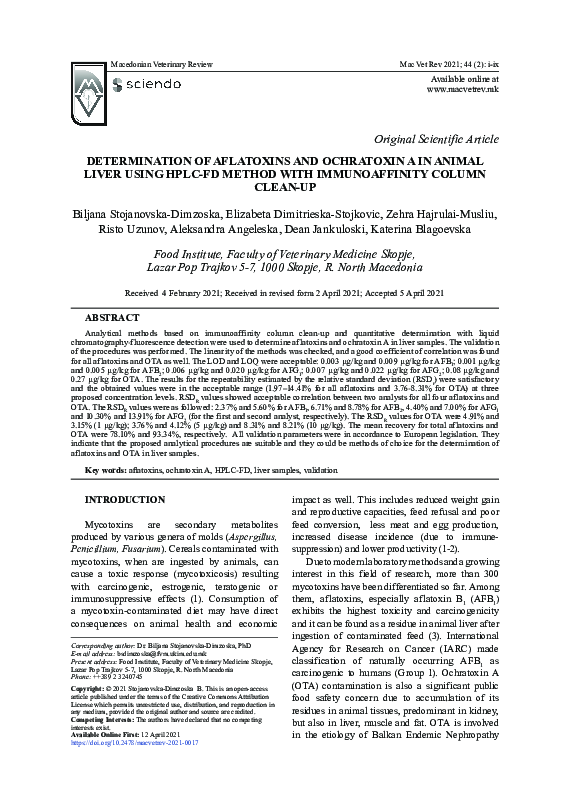 (PDF) Determination of Aflatoxins and Ochratoxin a in Animal Liver Using HPLC-FD Method with ...