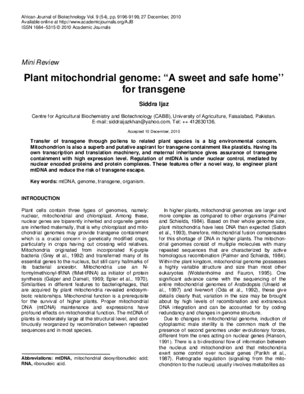(PDF) Plant mitochondrial genome: “A sweet and safe home’’ for transgene