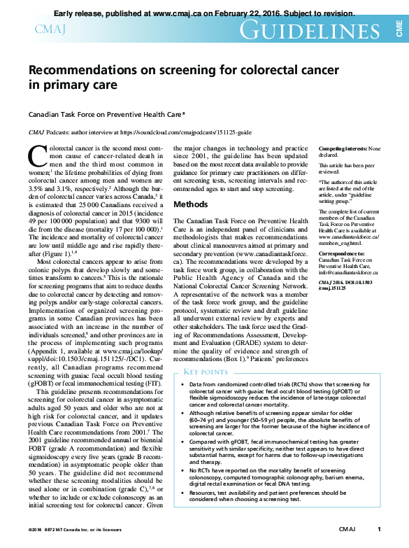 (PDF) Recommendations on screening for colorectal cancer in primary care