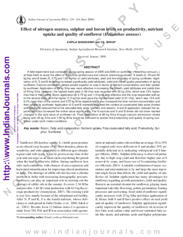 Pdf Effect Of Nitrogen Sources Sulphur And Boron Levels On