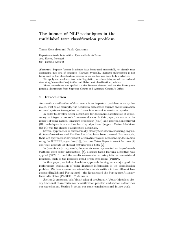 (PDF) The impact of nlp techniques in the multilabel text classification problem