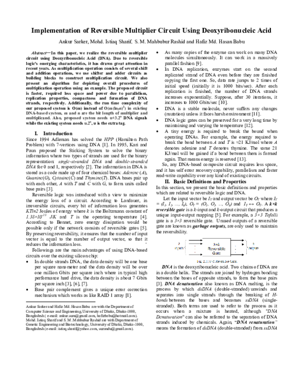 (PDF) Implementation of reversible multiplier circuit using Deoxyribonucleic acid