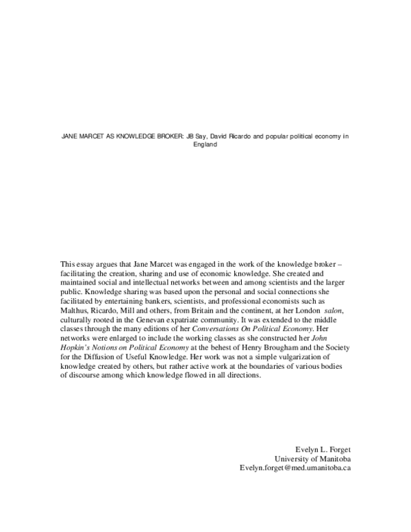 (PDF) Jane Marcet as Knowledge Broker: JB Say, David Ricardo and ...