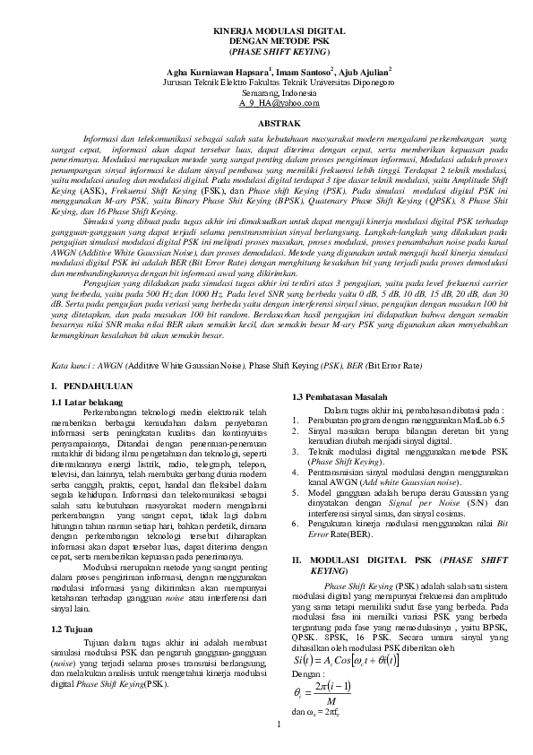 (PDF) Kinerja Modulasi Digital Dengan Metode PSK (Phase Shift Keying)