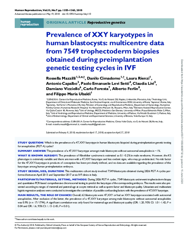 (PDF) Prevalence of XXY karyotypes in human blastocysts: multicentre ...