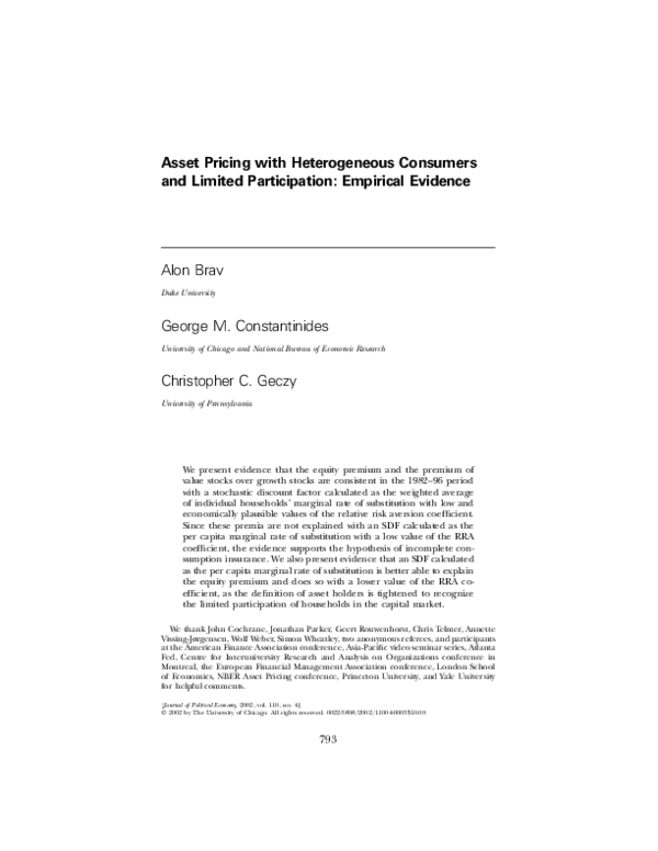 (PDF) Asset Pricing with Heterogeneous Consumers and Limited ...
