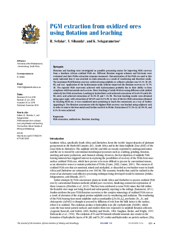 (PDF) PGM extraction from oxidized ores using flotation and leaching
