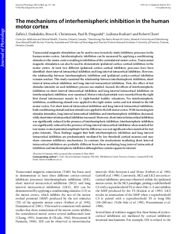 (PDF) The mechanisms of interhemispheric inhibition in the human motor ...