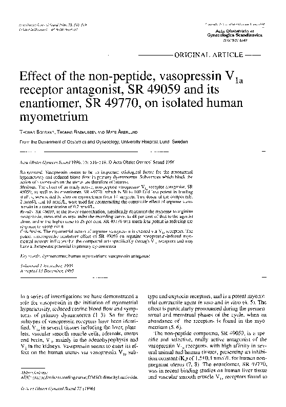 (PDF) Effect of the non-peptide, vasopressin V1a receptor antagonist, SR 49059 and its ...