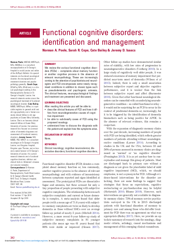 (PDF) Functional cognitive disorders: identification and management