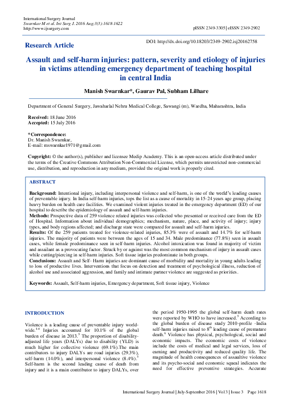 (PDF) Assault and self-harm injuries: pattern, severity and etiology of ...