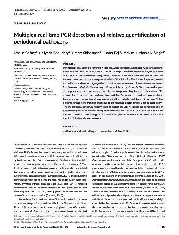 (PDF) Multiplex real-time PCR detection and relative quantification of periodontal pathogens