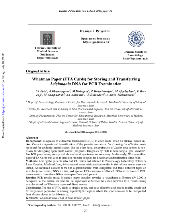 (PDF) Whatman Paper (FTA Cards) for Storing and Transferring Leishmania ...