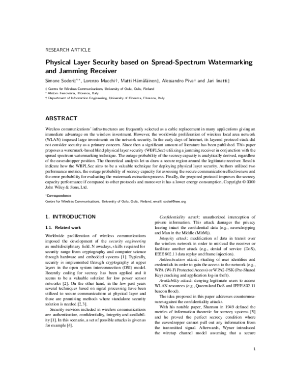 (PDF) Physical layer security based on spread-spectrum watermarking and jamming receiver