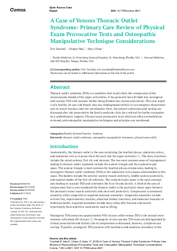 (PDF) A Case of Venous Thoracic Outlet Syndrome: Primary Care Review of ...