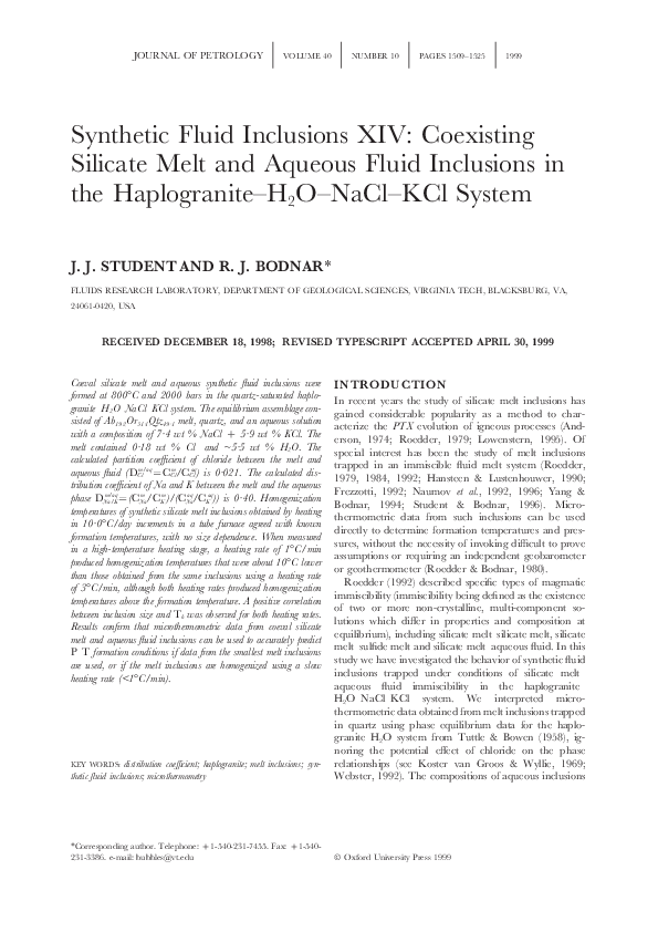 (PDF) Synthetic Fluid Inclusions XIV: Coexisting Silicate Melt and ...