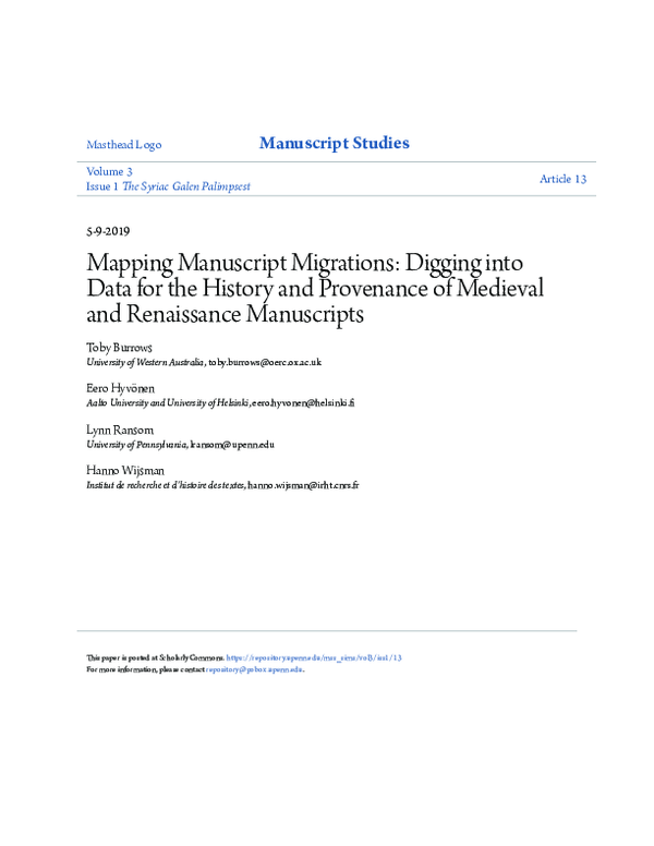 (PDF) Mapping Manuscript Migrations: Digging into Data for the History and Provenance of ...