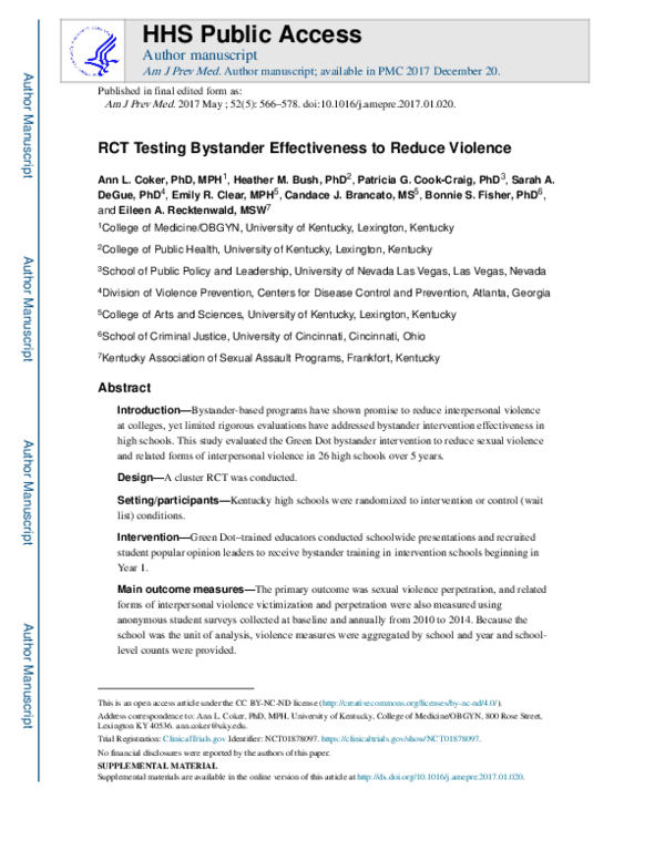 (PDF) RCT Testing Bystander Effectiveness to Reduce Violence