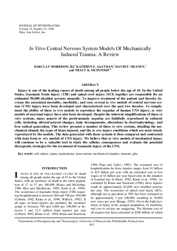 (PDF) In Vitro Central Nervous System Models of Mechanically Induced ...