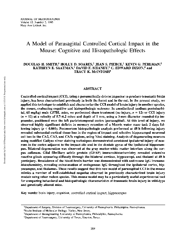 (PDF) A Model of Parasagittal Controlled Cortical Impact in the Mouse ...