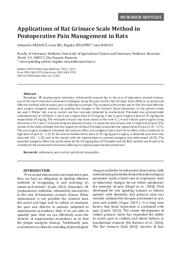 (PDF) Applications of Rat Grimace Scale Method in Postoperative Pain ...