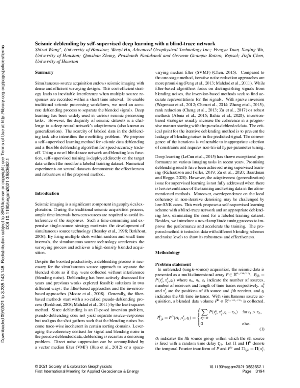 (PDF) Seismic deblending by self-supervised deep learning with a blind ...