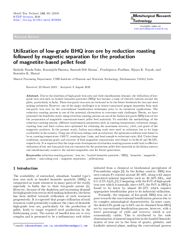 (PDF) Utilization of low-grade BHQ iron ore by reduction roasting ...