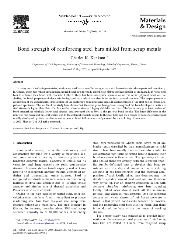 (PDF) Bond strength of reinforcing steel bars milled from scrap metals
