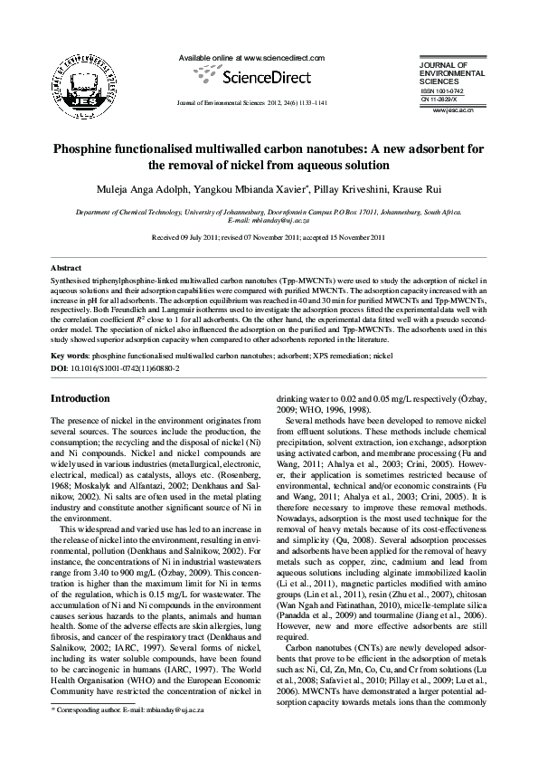 (PDF) Phosphine functionalised multiwalled carbon nanotubes: A new adsorbent for the removal of ...