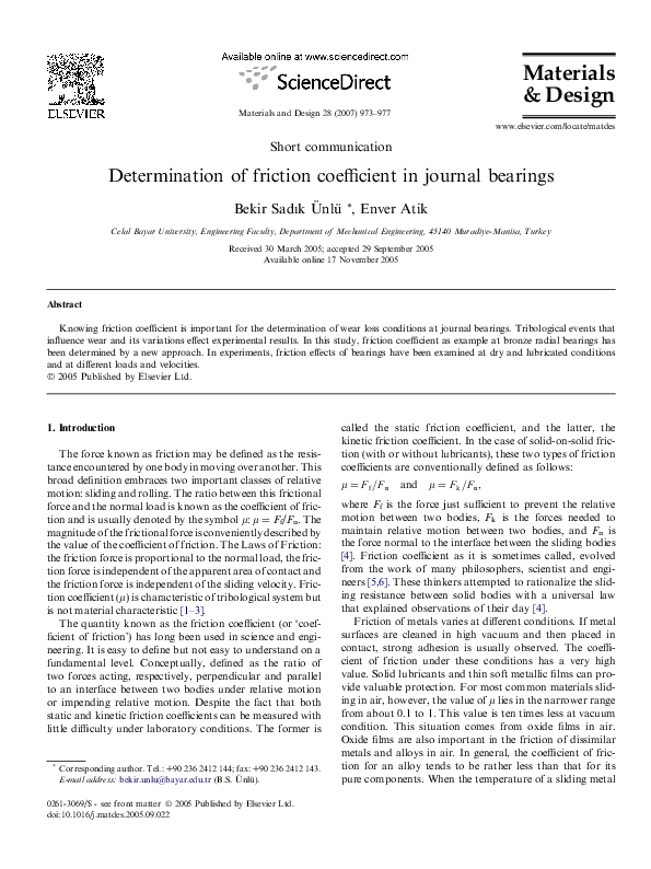 (PDF) Determination of friction coefficient in journal bearings