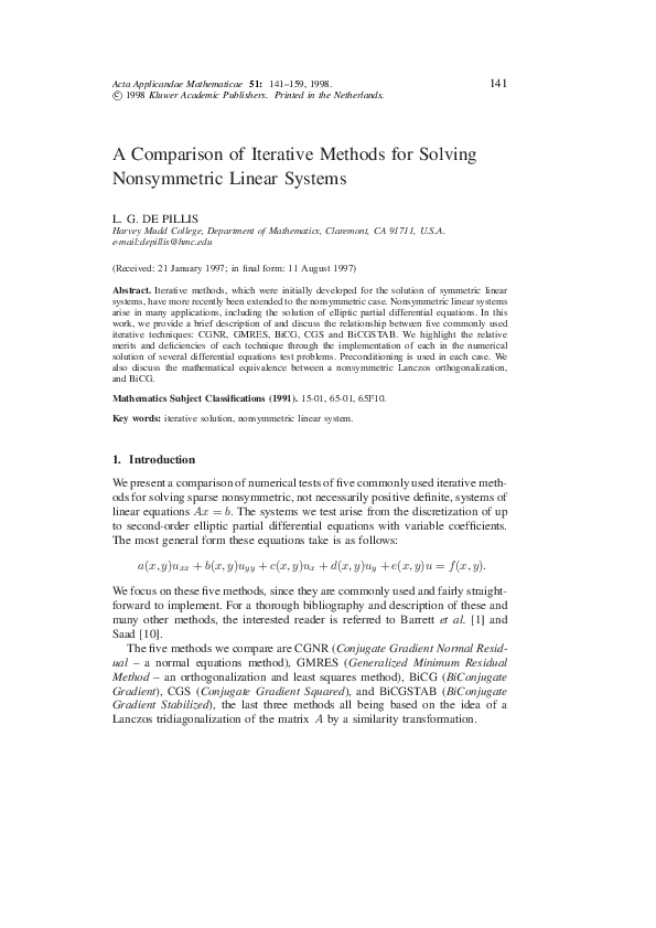 Pdf A Comparison Of Iterative Methods For Solving Nonsymmetric Linear Systems Lisette De