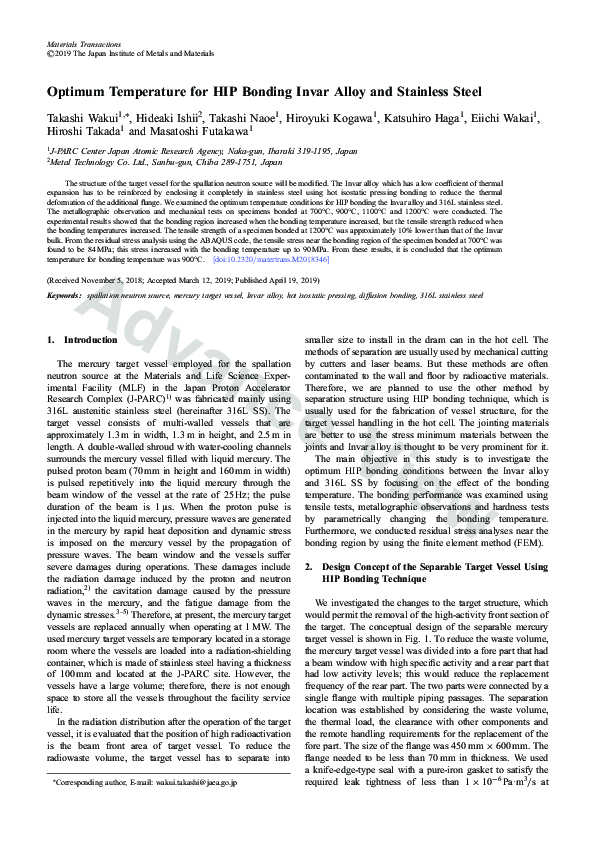 (PDF) Optimum Temperature for HIP Bonding Invar Alloy and Stainless Steel