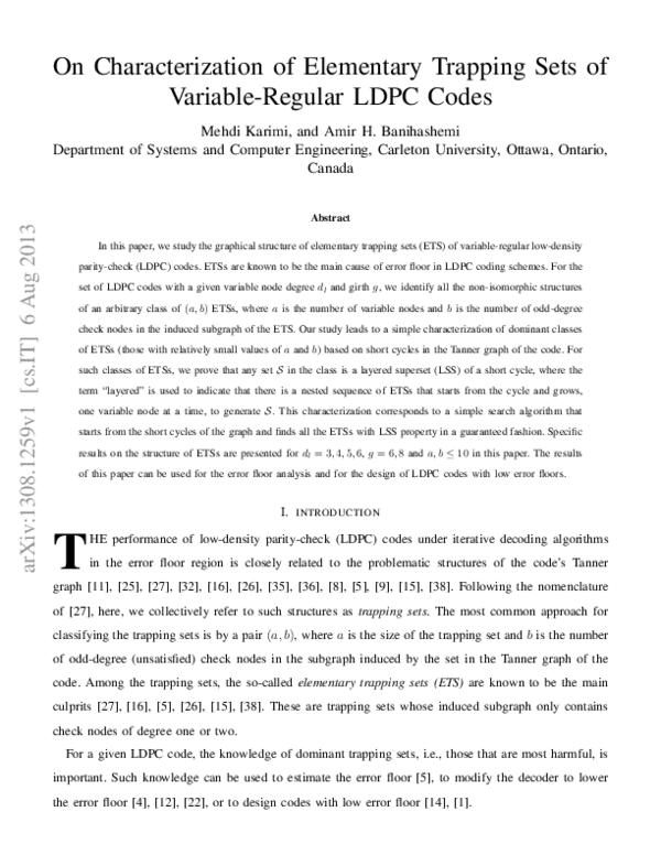 Pdf On Characterization Of Elementary Trapping Sets Of Variable Regular Ldpc Codes 
