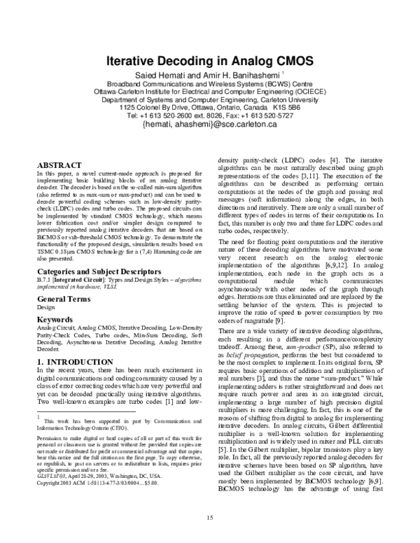 (PDF) Iterative decoding in analog CMOS