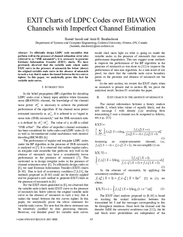 (PDF) EXIT Charts of LDPC Codes over BIAWGN Channels with Imperfect ...