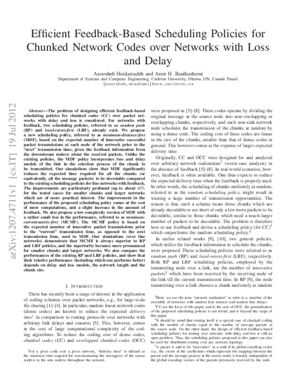 Pdf Efficient Feedback Based Scheduling Policies For Chunked Network Codes Over Networks With