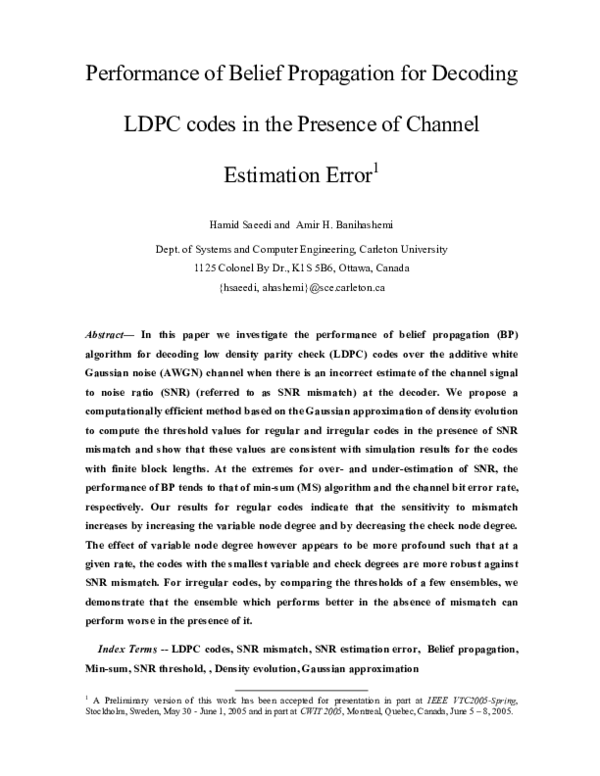 (PDF) Performance of Belief Propagation for Decoding LDPC Codes in the Presence of Channel ...