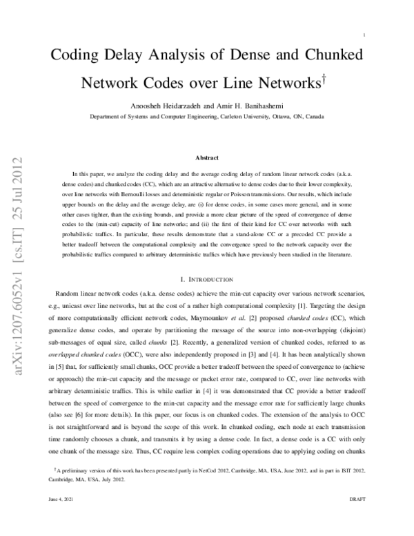 Pdf Coding Delay Analysis Of Dense And Chunked Network Codes Over Line Networks