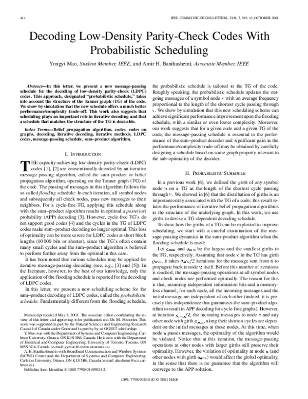 Pdf Decoding Low Density Parity Check Codes With Probabilistic Scheduling