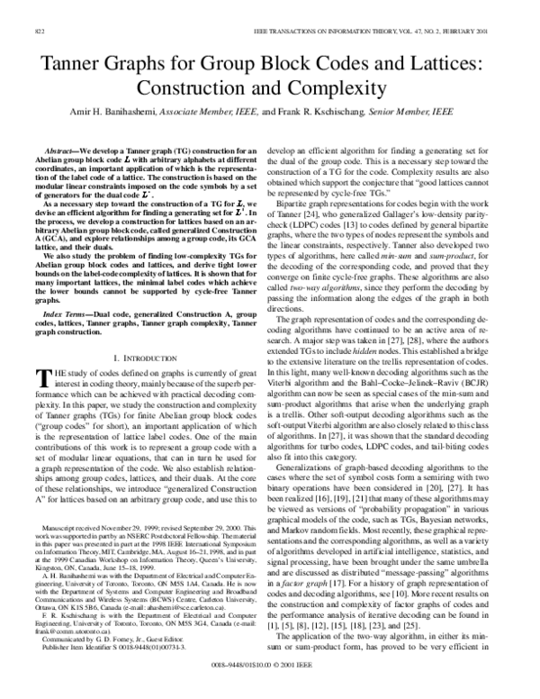(PDF) Tanner graphs for group block codes and lattices: construction ...