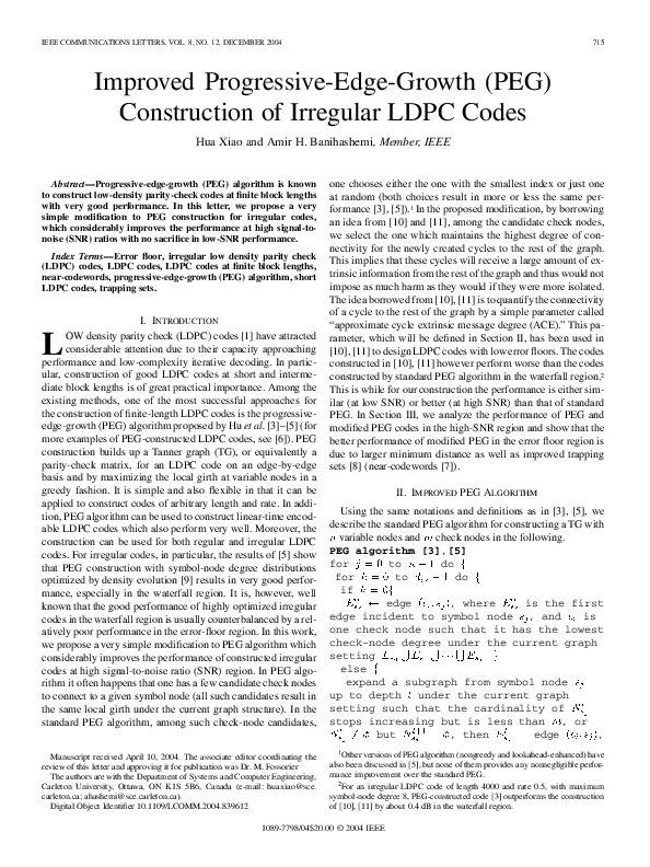 (PDF) Improved Progressive-Edge-Growth (PEG) Construction of Irregular LDPC Codes